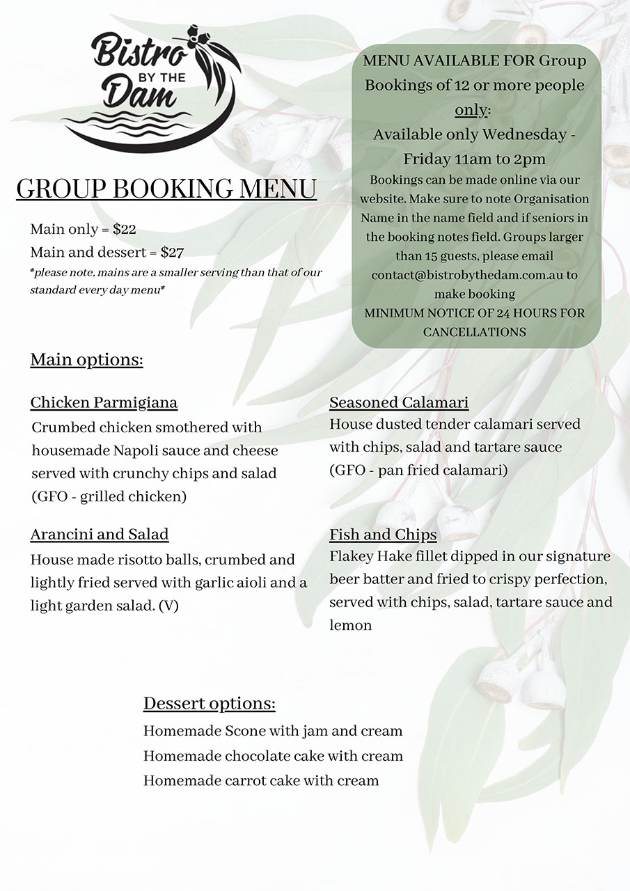 Group Bookings - Bistro By The Dam